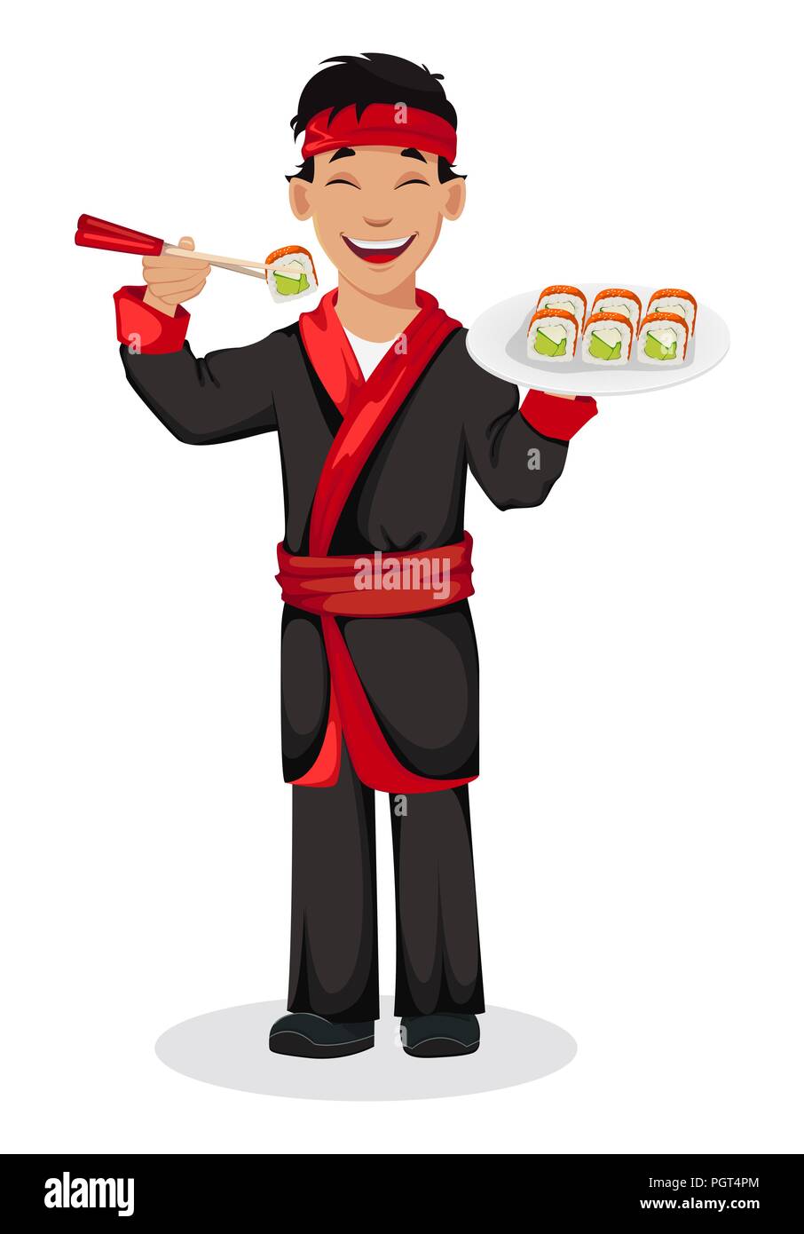 Japanese chef cooking sushi rolls. Handsome cartoon character holding ...