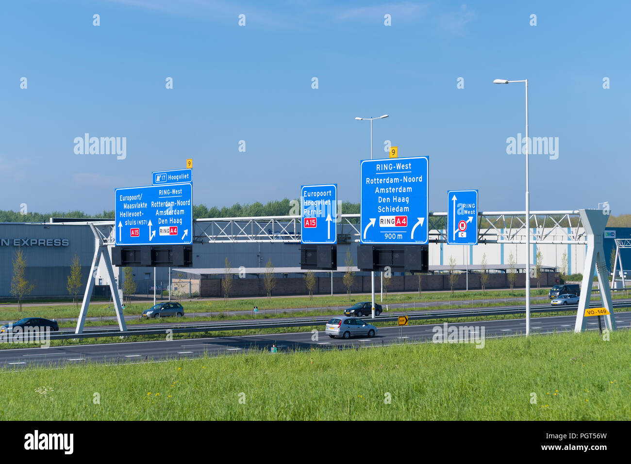ROTTERDAM, NETHERLANDS - MAY 6, 2017: Directional highway road signs ...