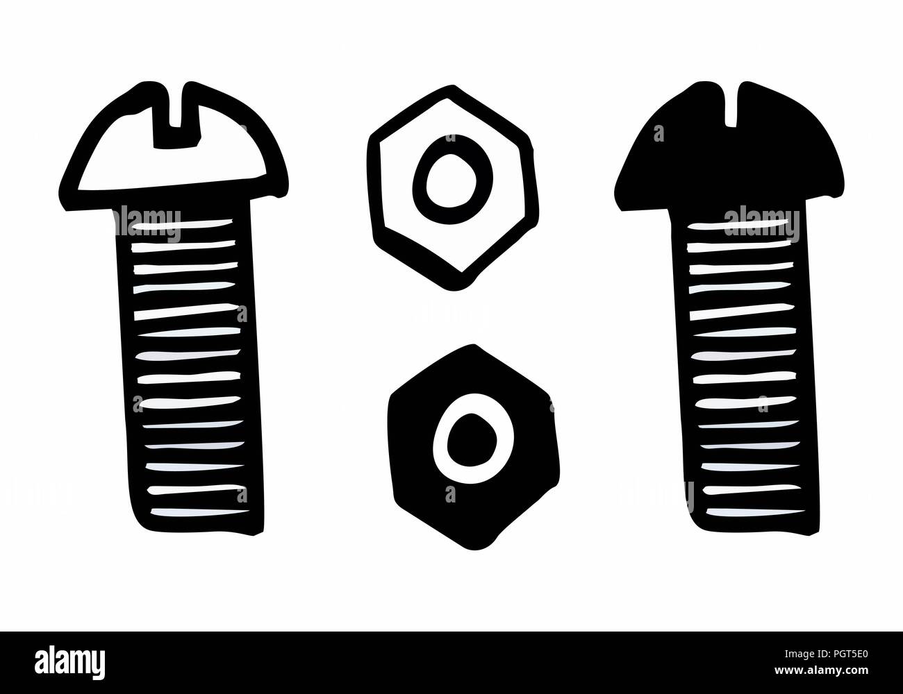Hand-drawn style illustration of bolt and nut on white background Stock ...