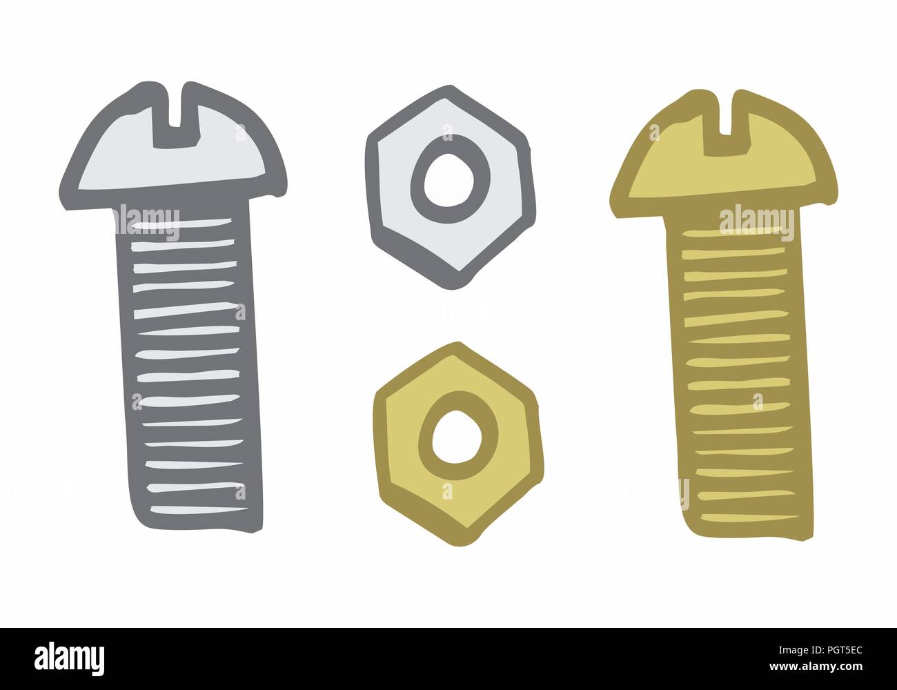 Hand-drawn style illustration of colorful bolt and nut on white ...
