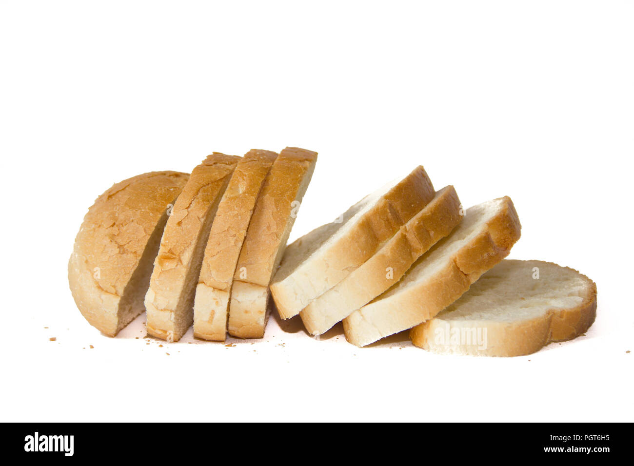 Baton in sliced on a white background. Baking from flour. White bread ...