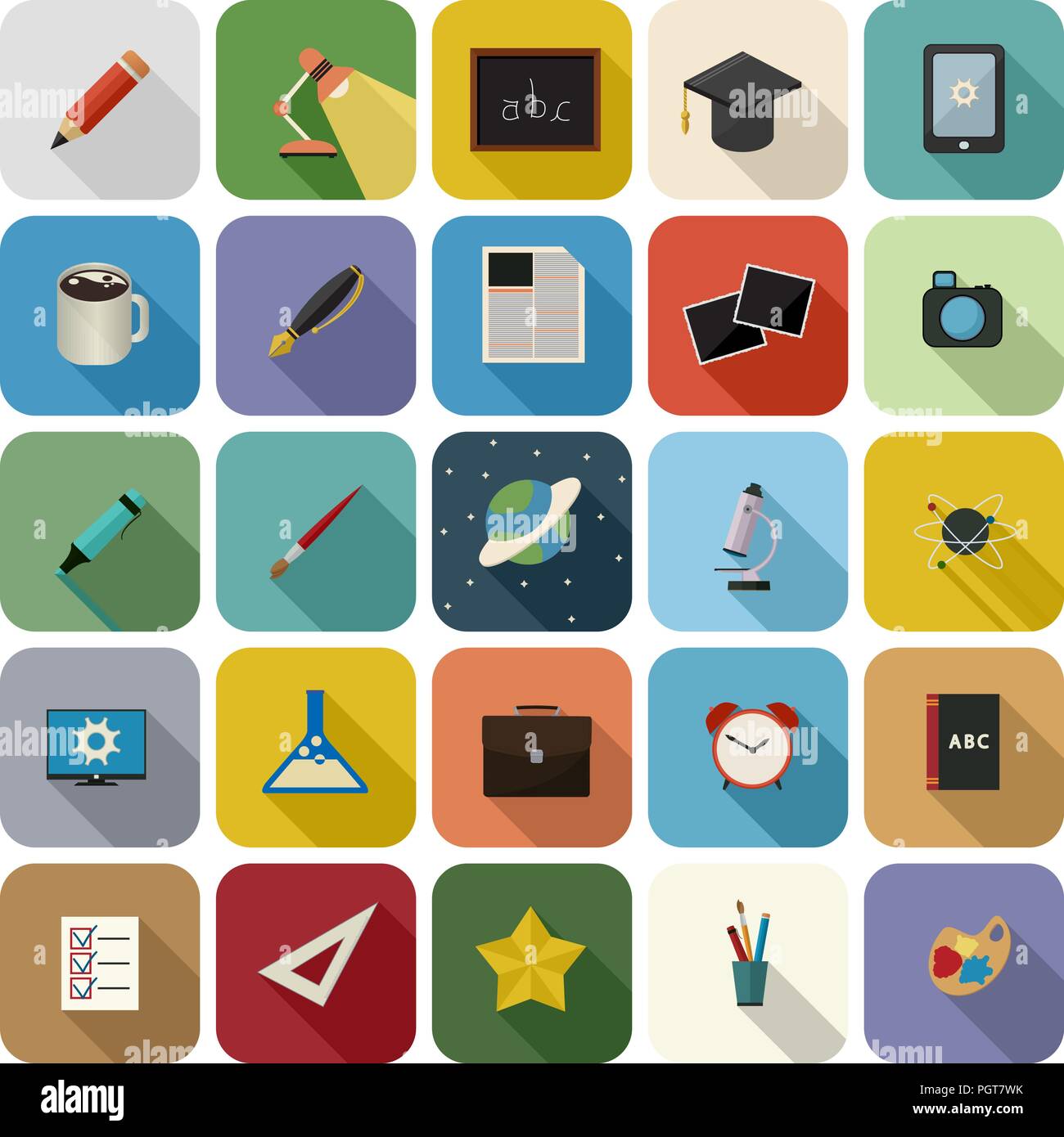 Set of education flat icon set with long shaddow against white ...