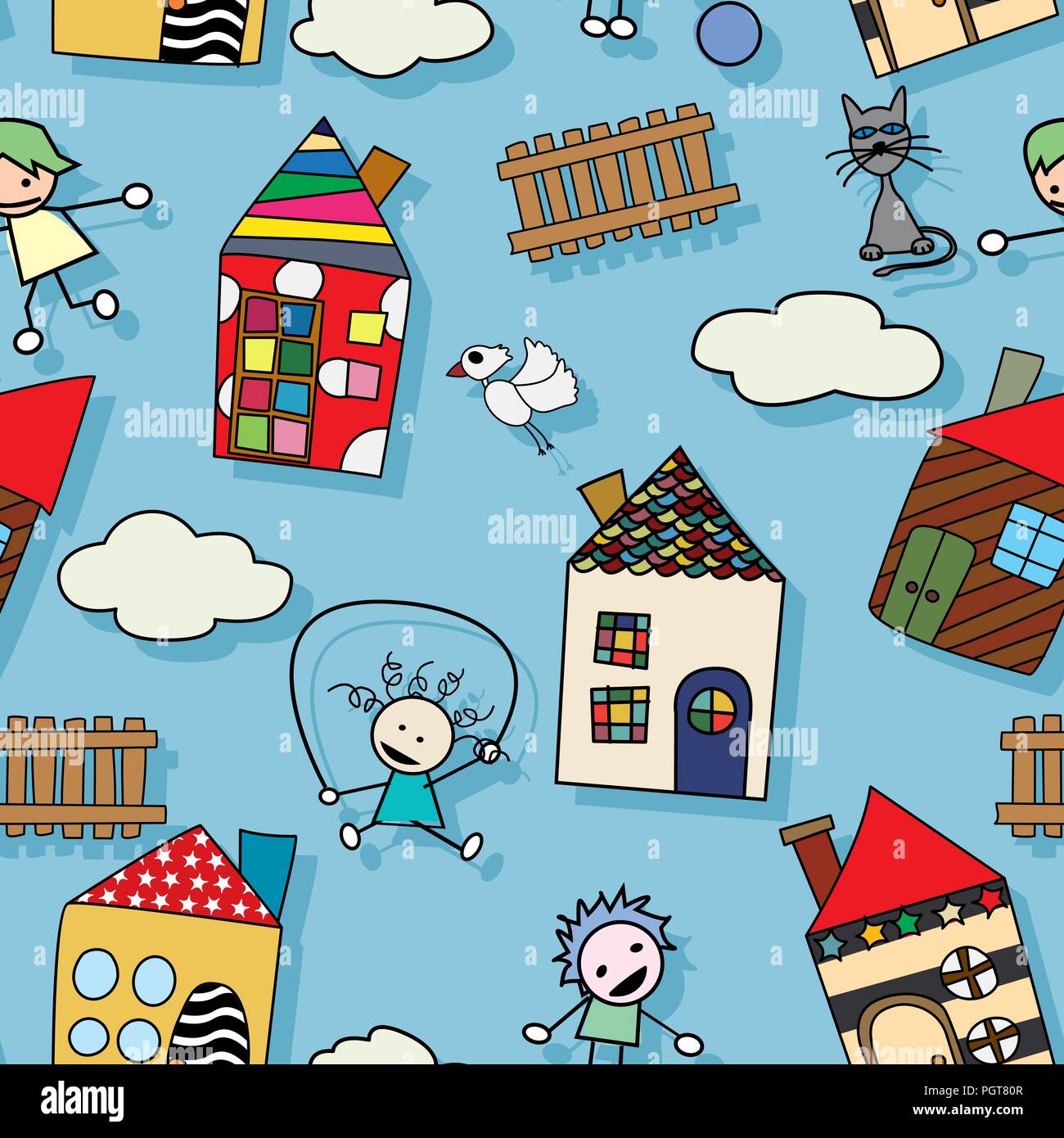 Childlike drawing seamless pattern with houses kids and animals Stock ...