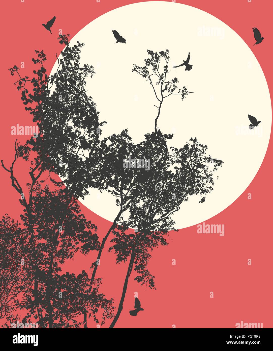 Moonset, romantic background of. Background with tree and bird ...