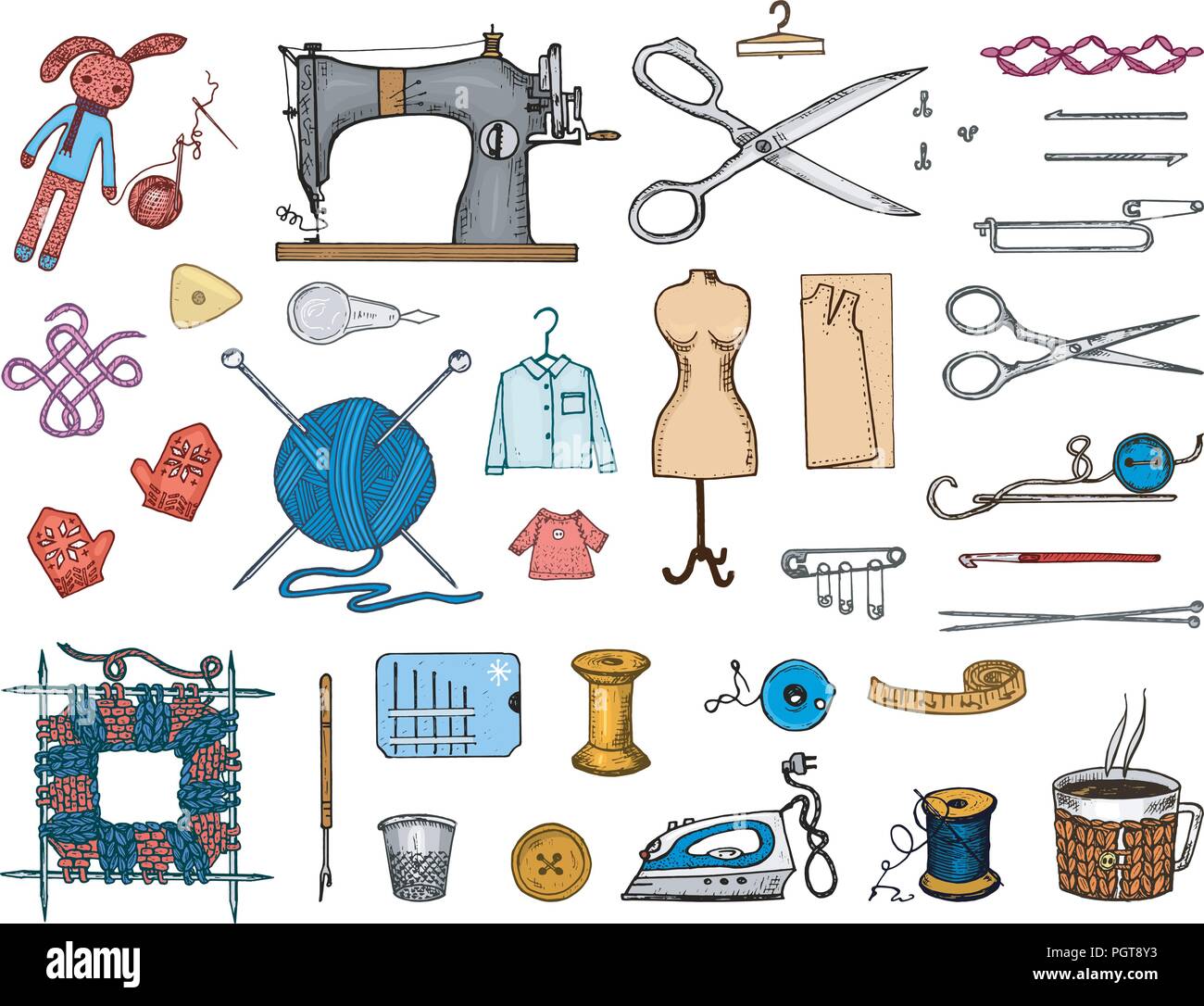 Set of sewing tools and materials or elements for needlework. Handmade ...