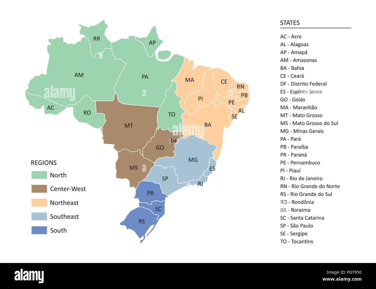 Map of Brazil with divisions of states and regions Stock Vector Image ...