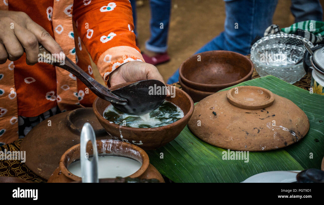 Closeup Grass Jelly green cincau on traditional pottery served in ...