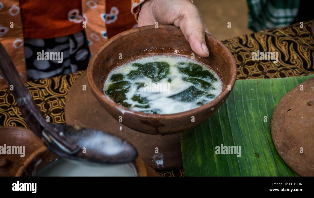 Closeup Grass Jelly green cincau on traditional pottery served in ...