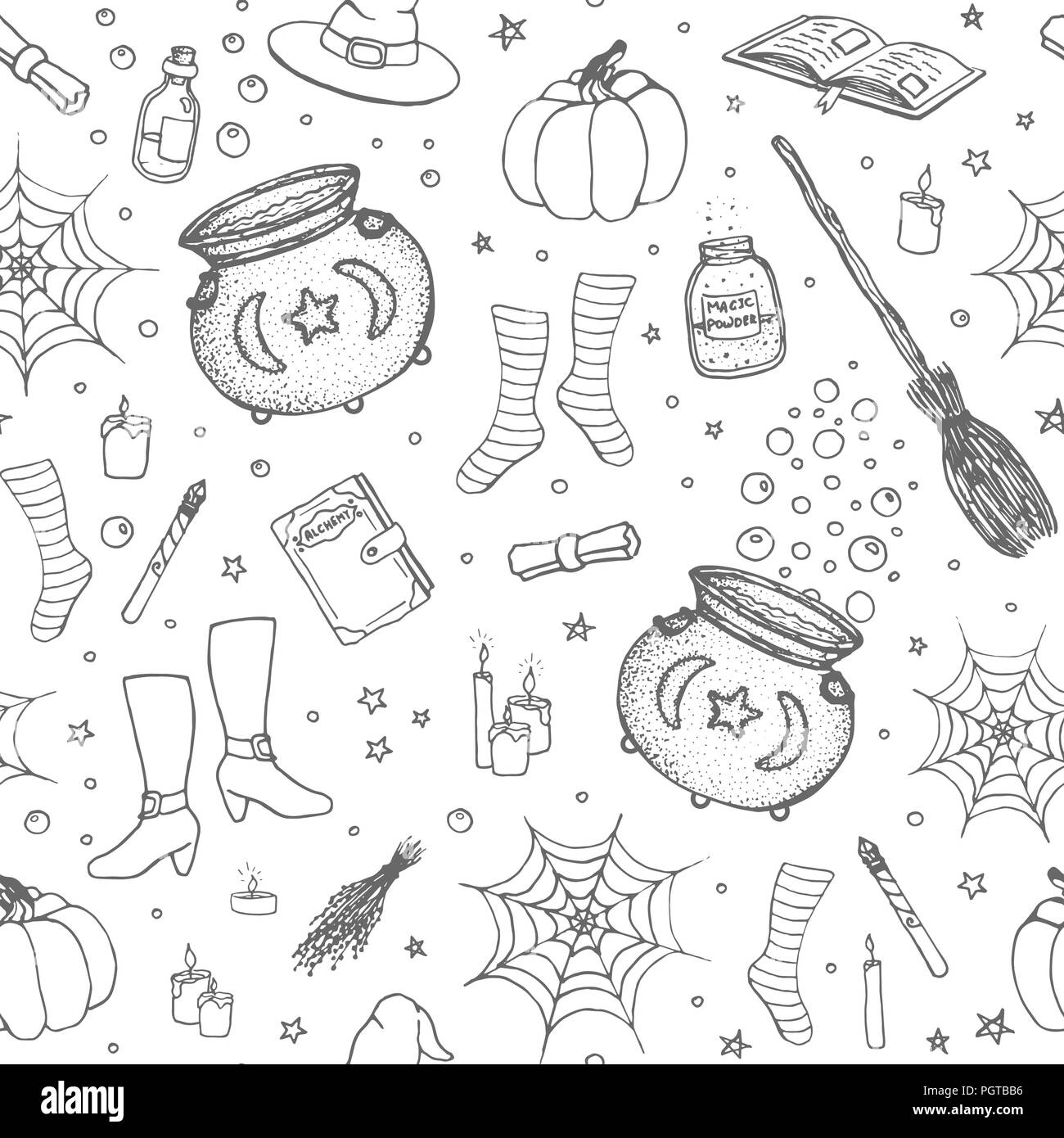 Vector Halloween pattern with hand drawn pumpkin, cauldron, spider web ...