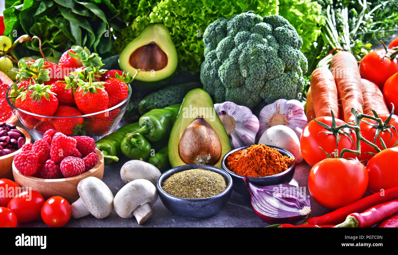 Composition with fresh vegetarian grocery products Stock Photo - Alamy