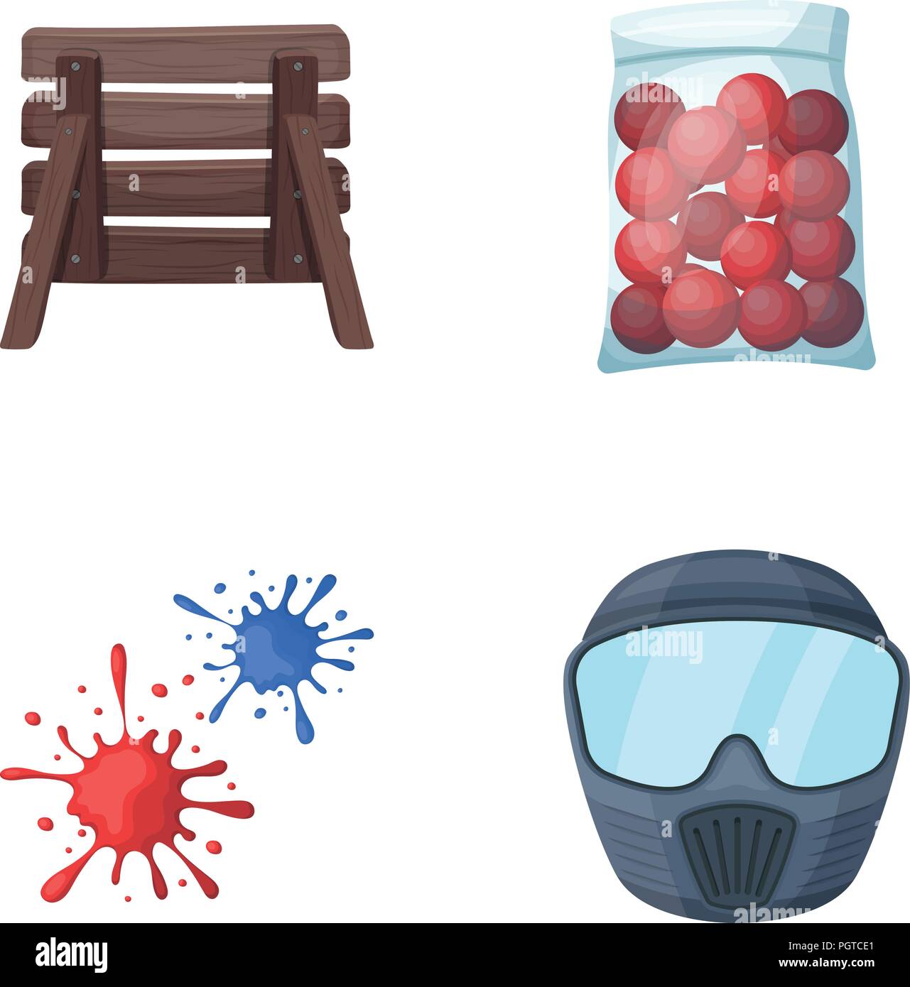 Wooden barricade, protective mask and other accessories. Paintball ...