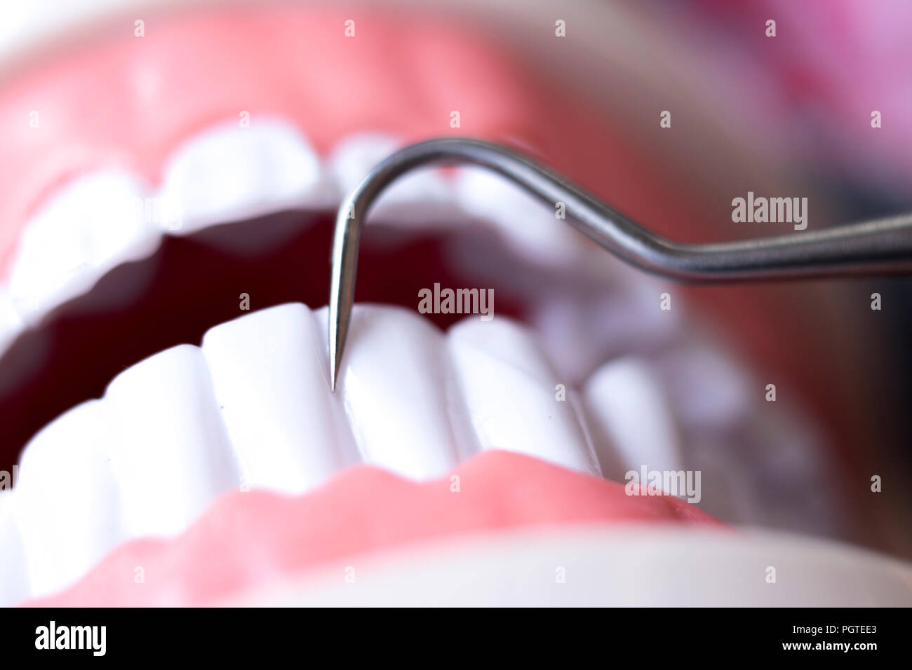 Dentist cleaning teeth with titanium metal tooth pick instrument to ...