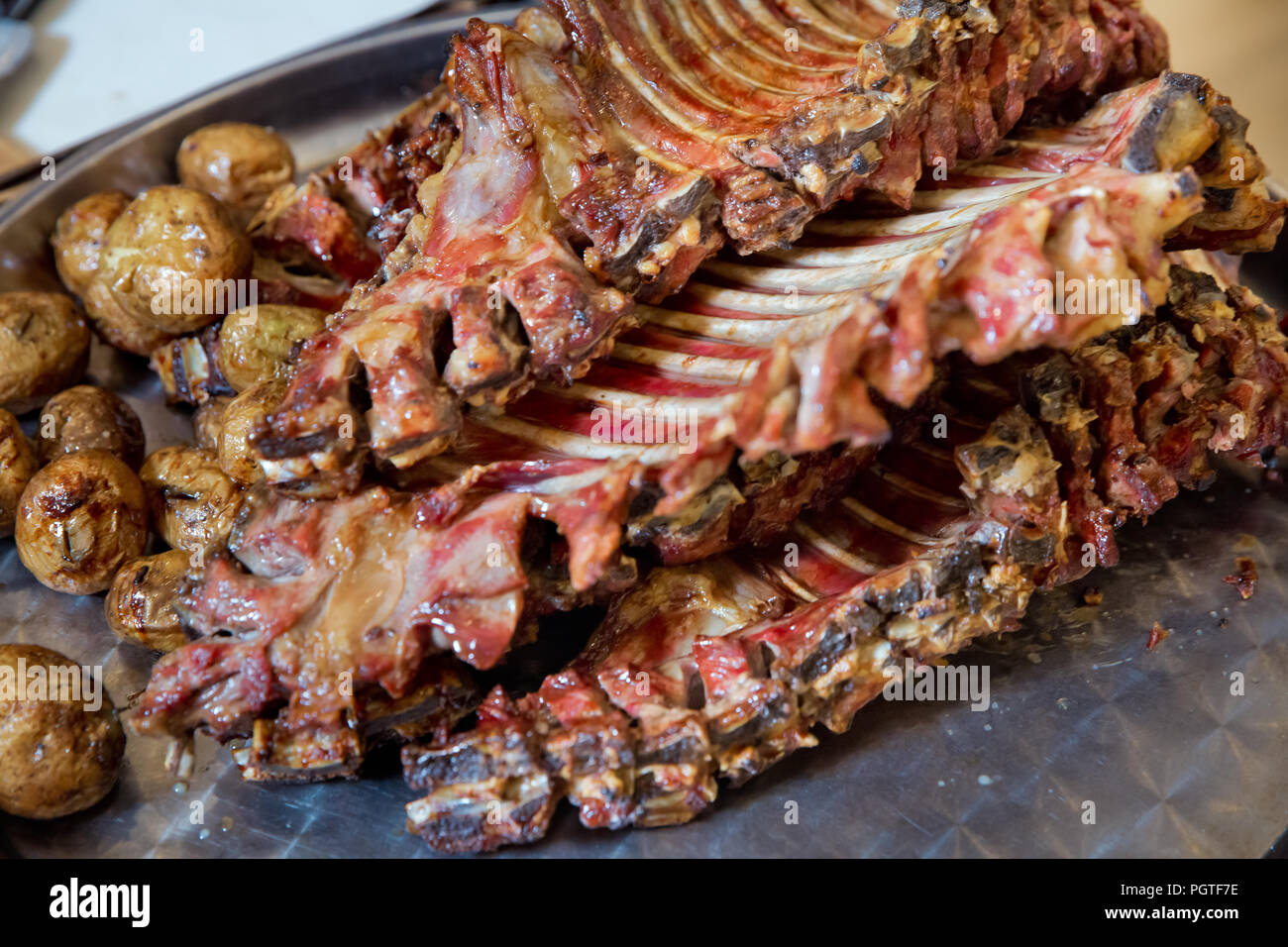 Many Cooking Traditional Turkish roasting lamb barbecues.Roasted meat ...