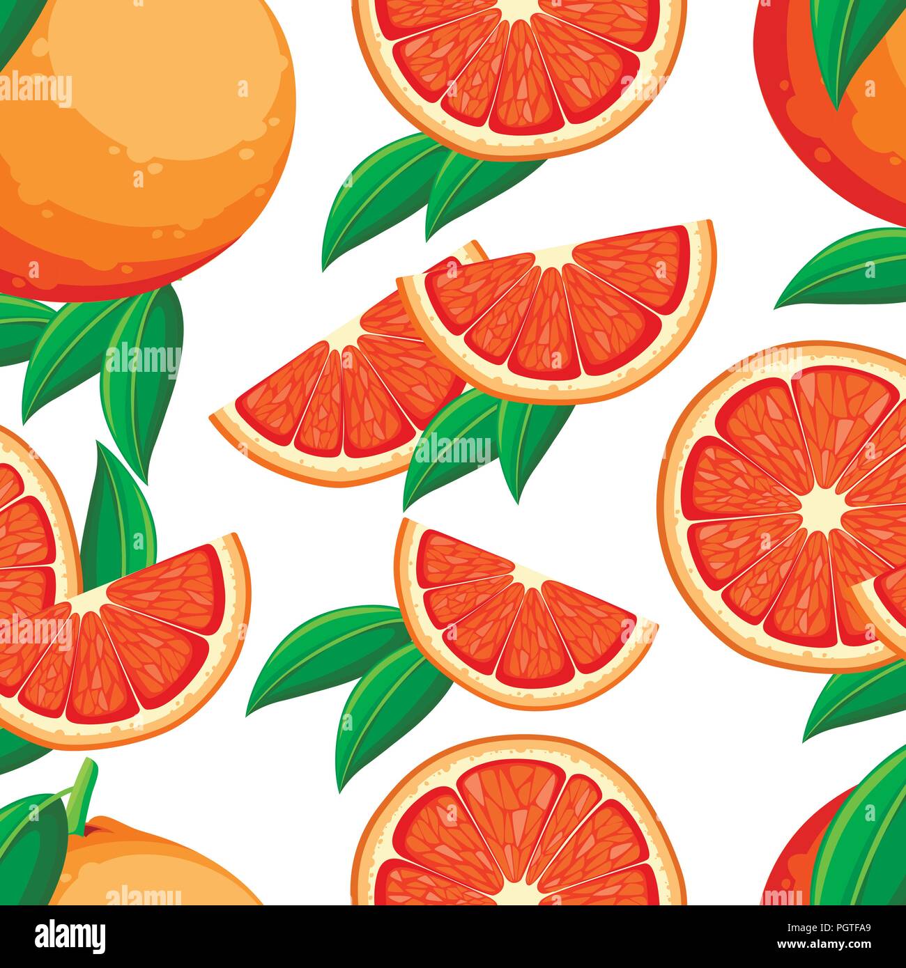 Seamless pattern. Grapefruit with green leaves and slices of grapefruit ...