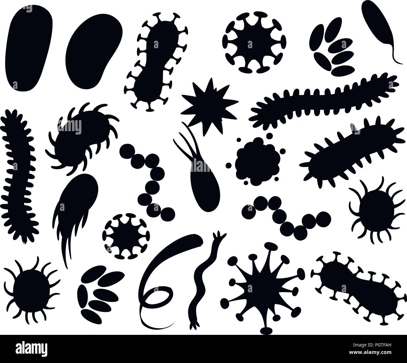 Black silhouette. Bacteria and viruses. Microorganisms collections ...