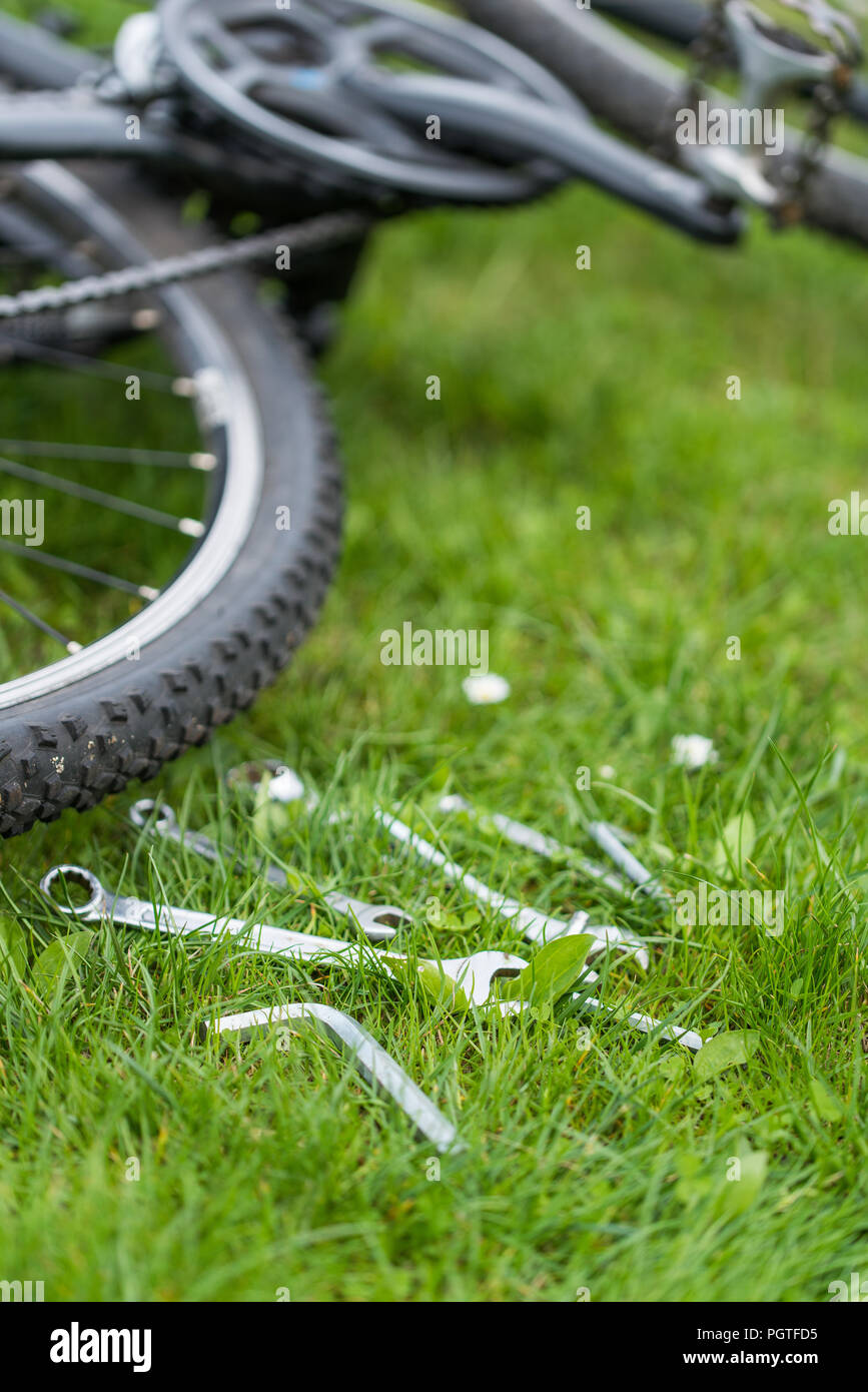 set of keys to repair the bike lying on the grass Stock Photo - Alamy