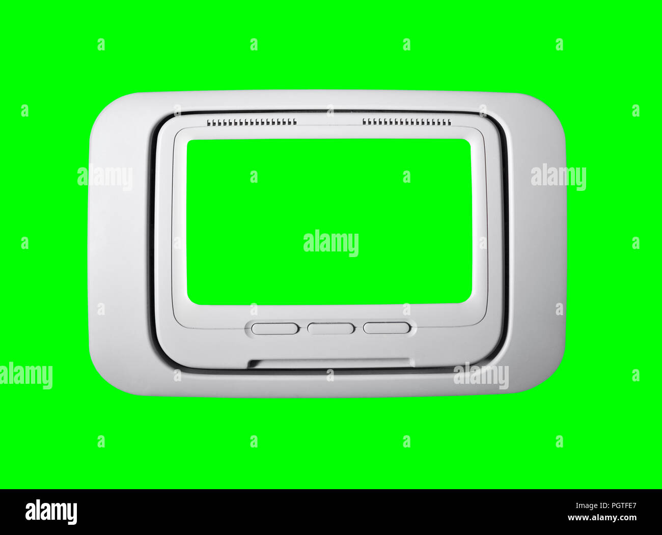 Airplane seat back television with chroma green screen and background ...