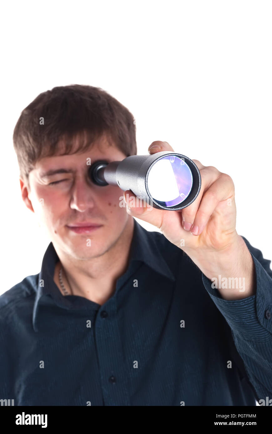 man looking through a telescope isolated on a white background Stock ...