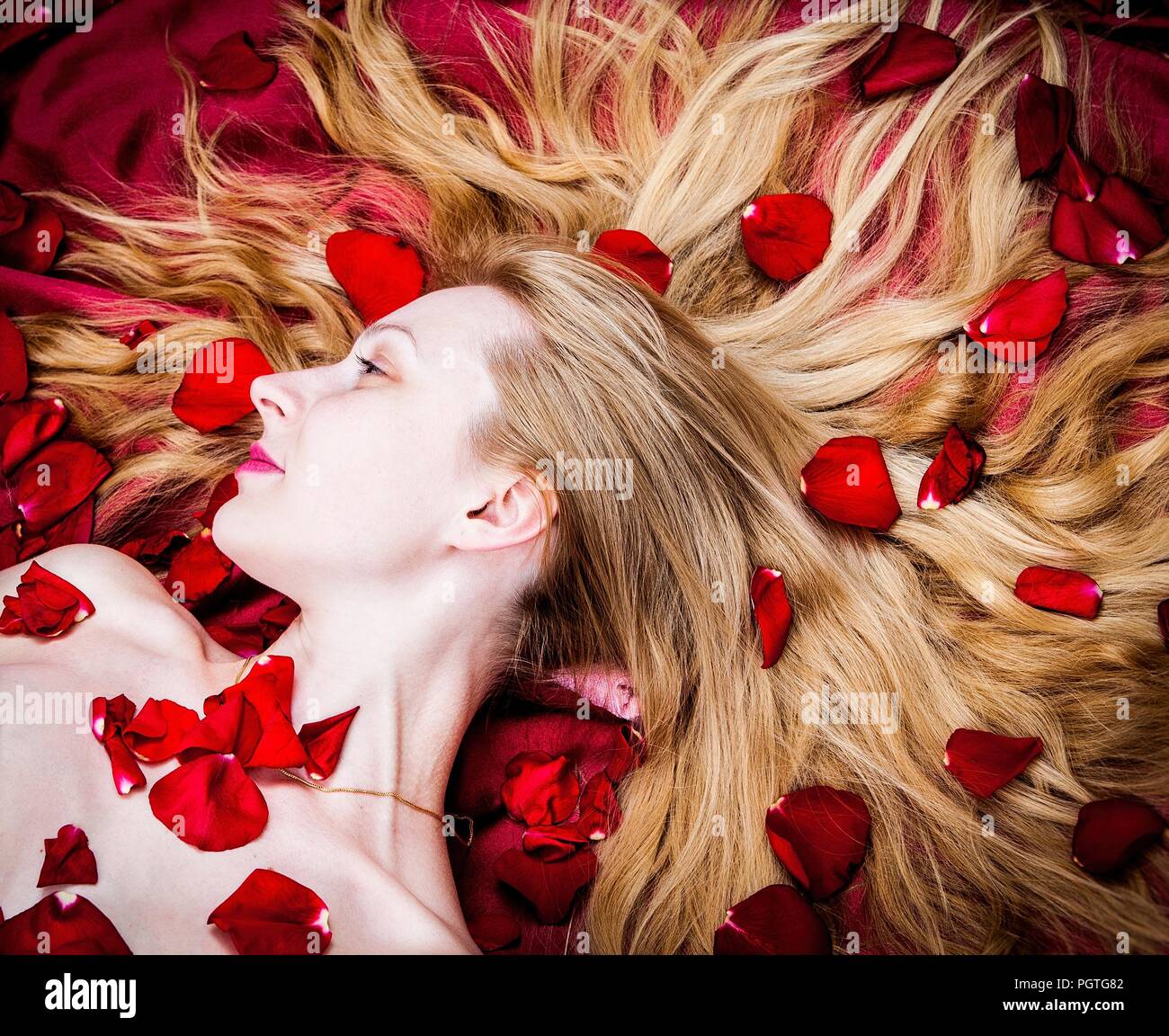 Portrait of the young woman in red roses Stock Photo - Alamy