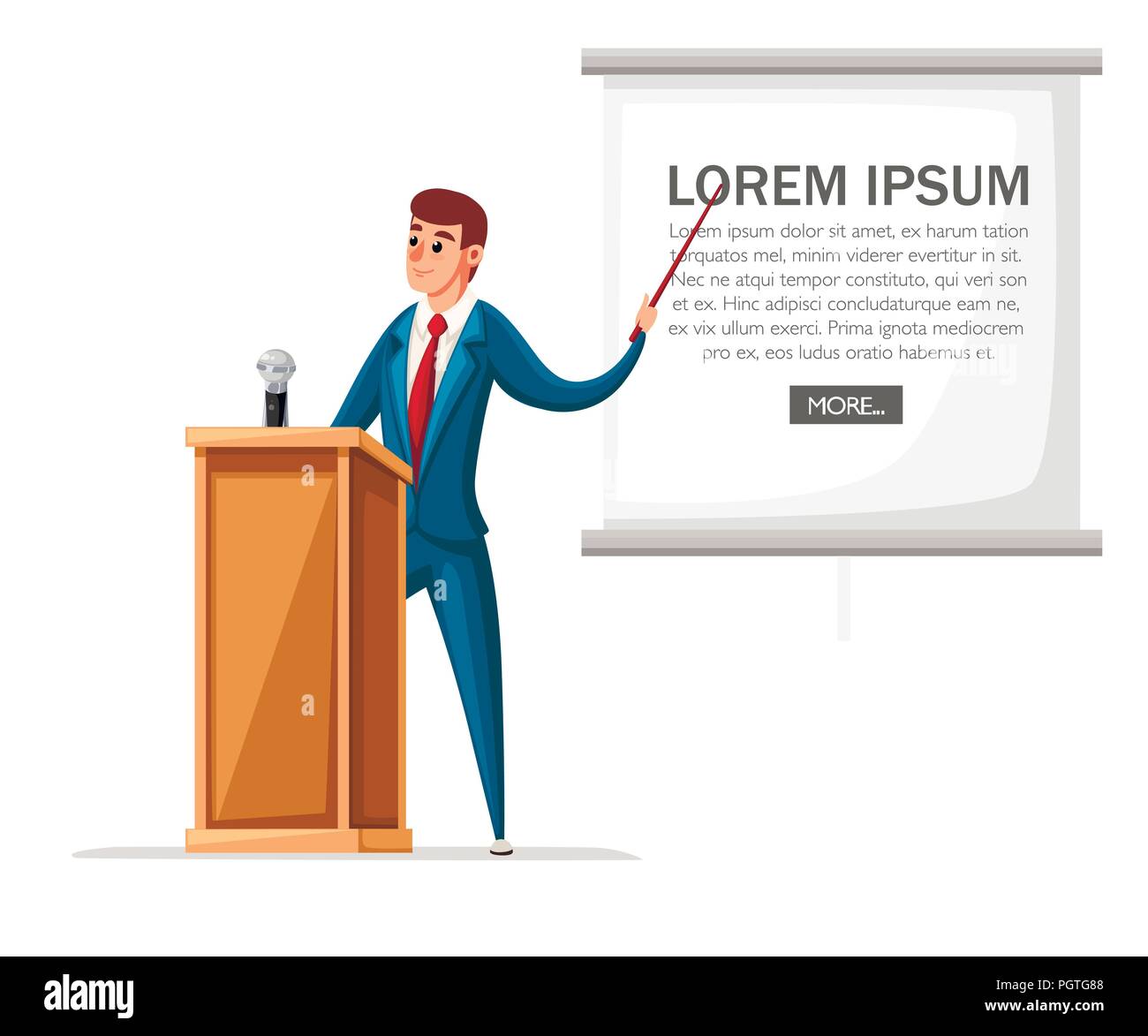 Man in suit stands at wooden tribune with microphone. Making a speech ...