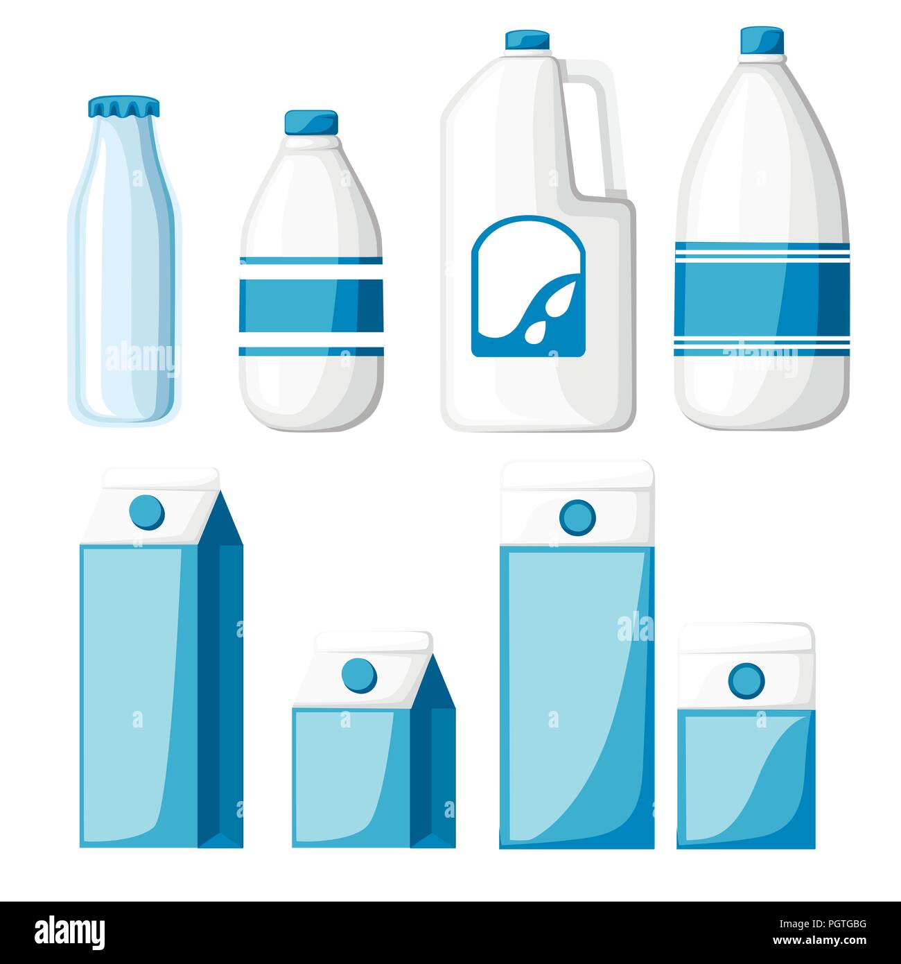 Milk containers collection. Cardboard box, plastic and glass bottle ...