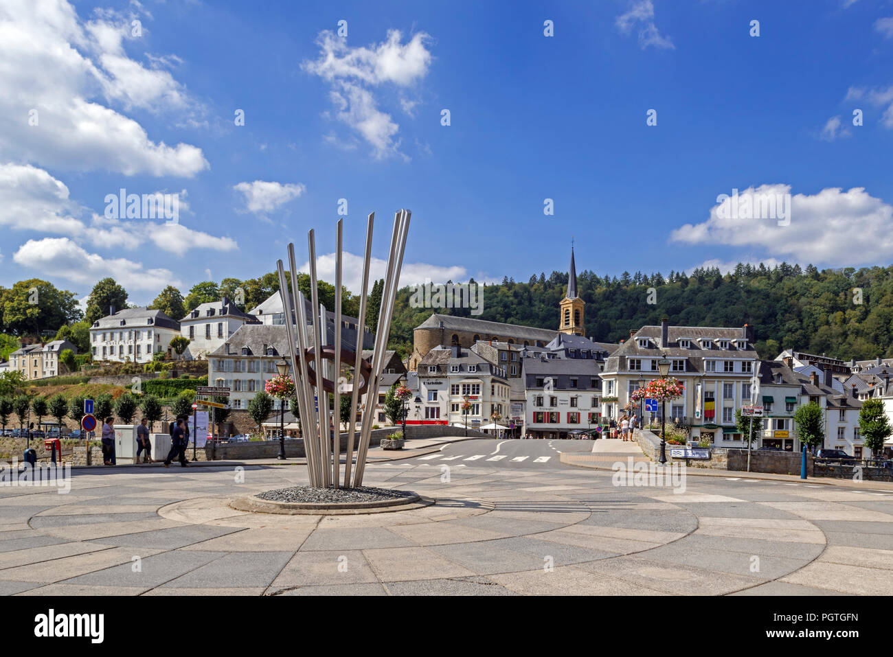 Roundabout and the bridge Pont de Liège in the city Bouillon in summer ...