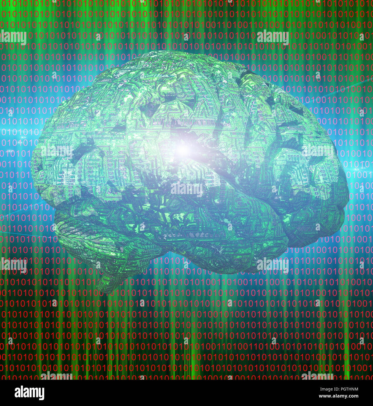 Electronic Brain on binary code background Stock Photo - Alamy