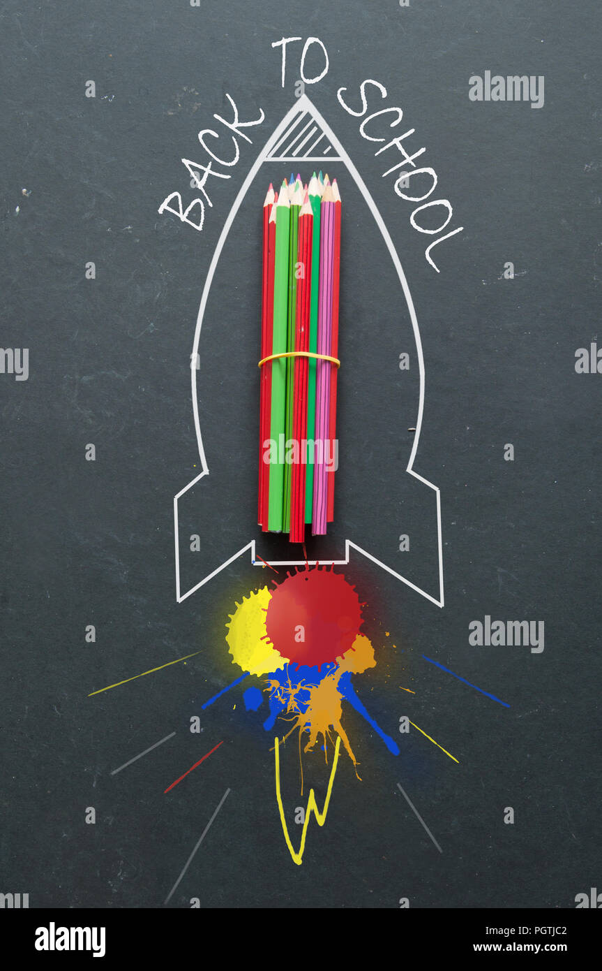Rocket launch sketch with colourful pencils and paint burst Stock Photo ...