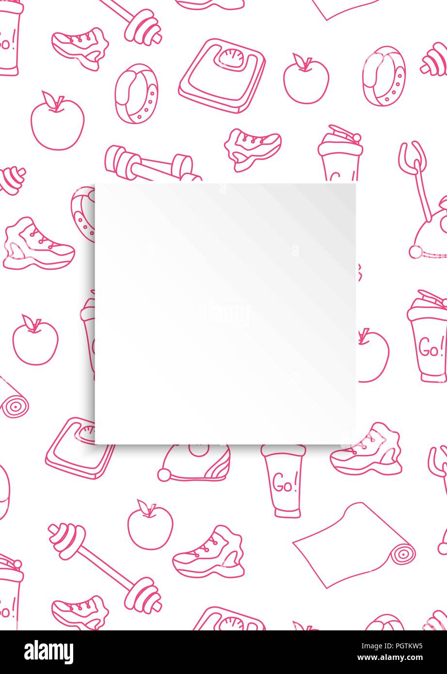 Fitness banner with hand drawn gym pattern and 3d paper plate. D Stock ...