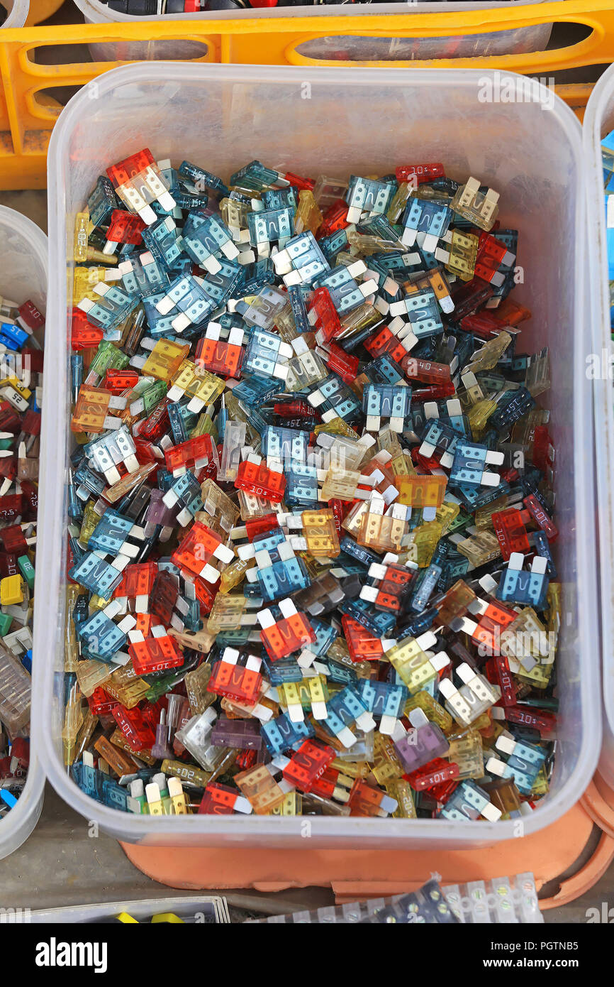 Color coded automotive fuses in the box Stock Photo - Alamy