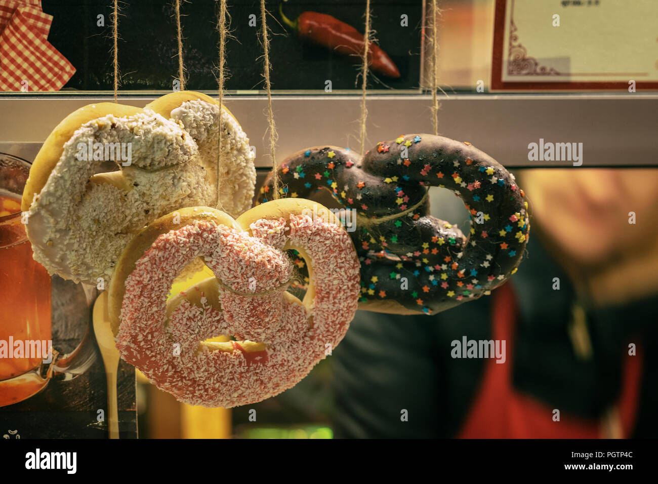 Traditional different delicious pretzels, Bretzels shop in the window ...