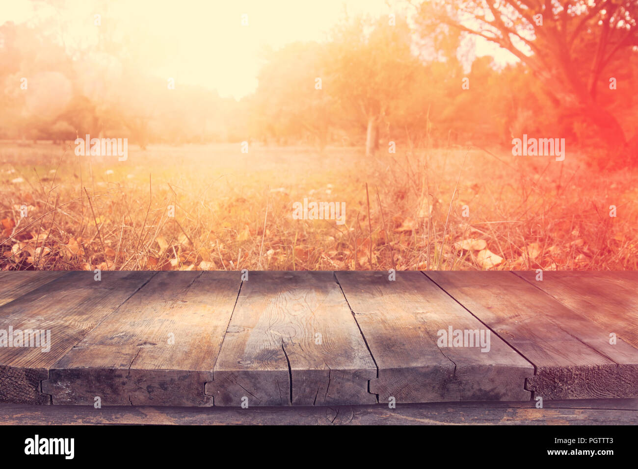 image of front rustic wood boards and background of fall leaves in ...