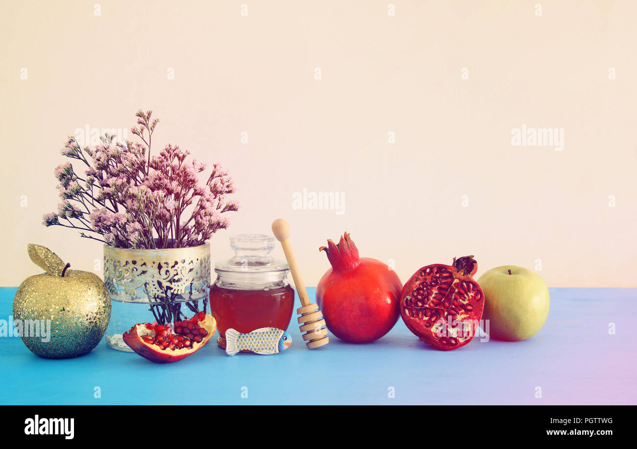 Rosh hashanah (jewish New Year holiday) concept. Traditional symbols ...