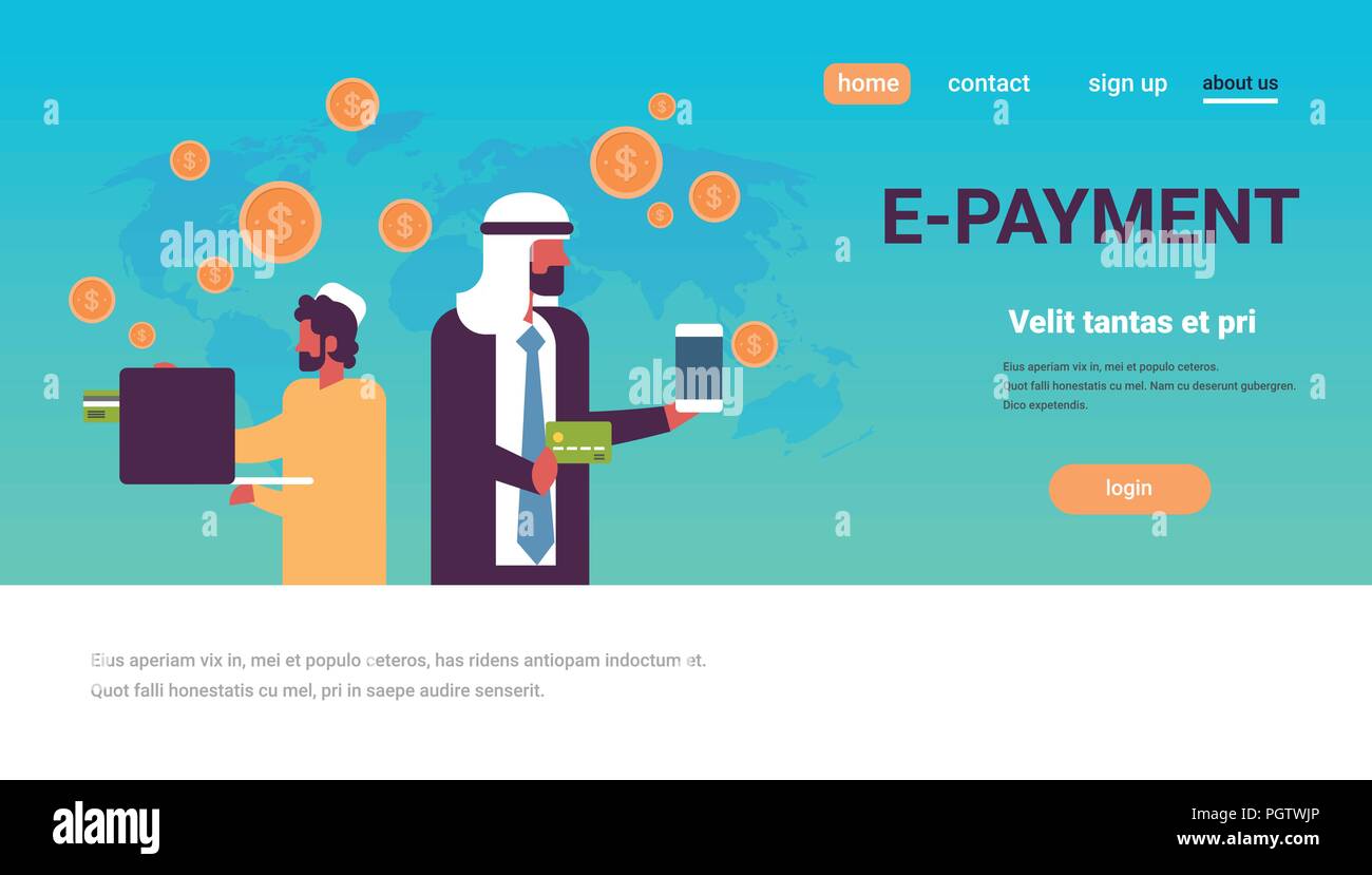 arabic men using global payment application money transfer e-payment ...