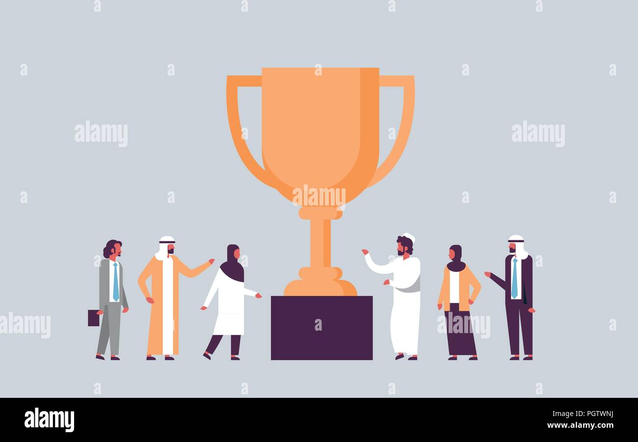 successful arabic people group stand winner cup trophy first place ...