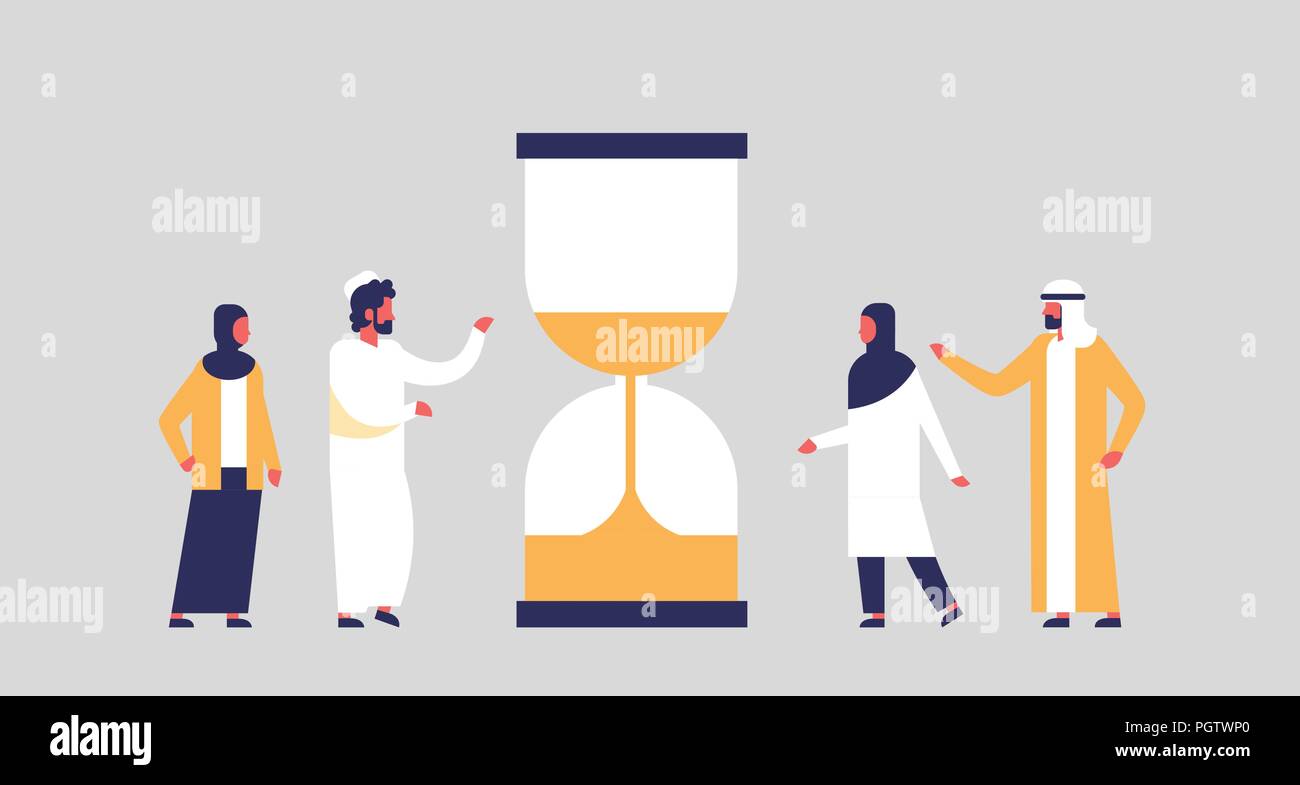 arabian people group standing hourglass time deadline concept arab man ...