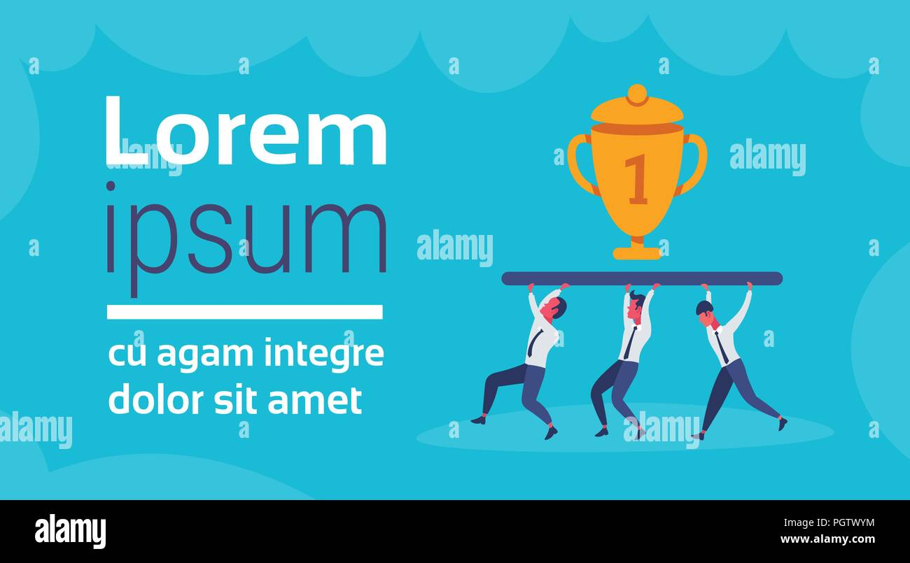 Business people team carry golden trophy cup first place winner concept ...