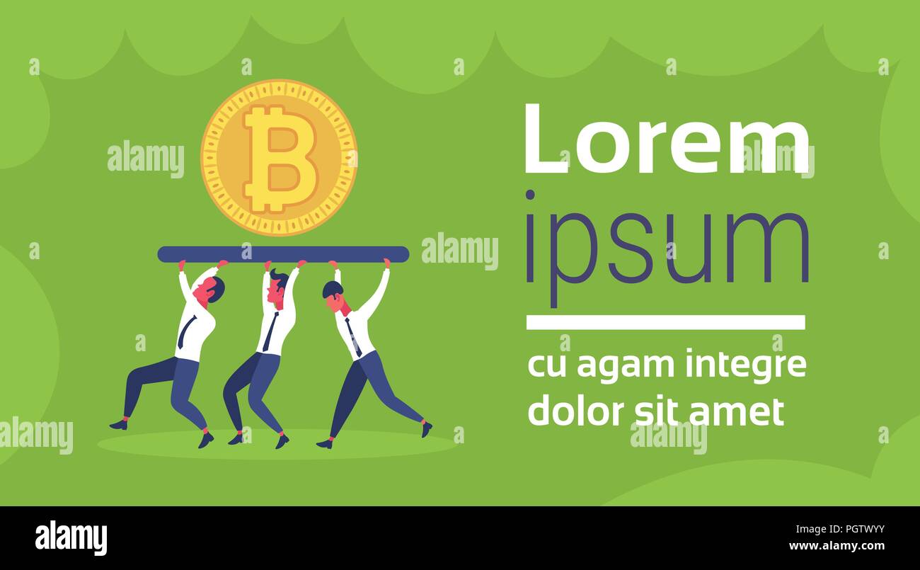 Business people team carry golden bitcoin crypto currency mining money ...