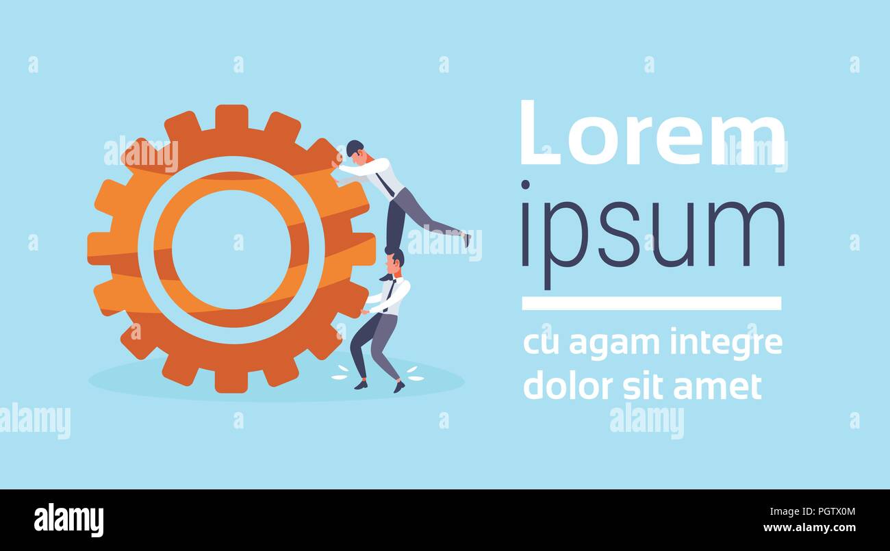 two businessmen pushing cogwheel hardworking process concept gear wheel ...