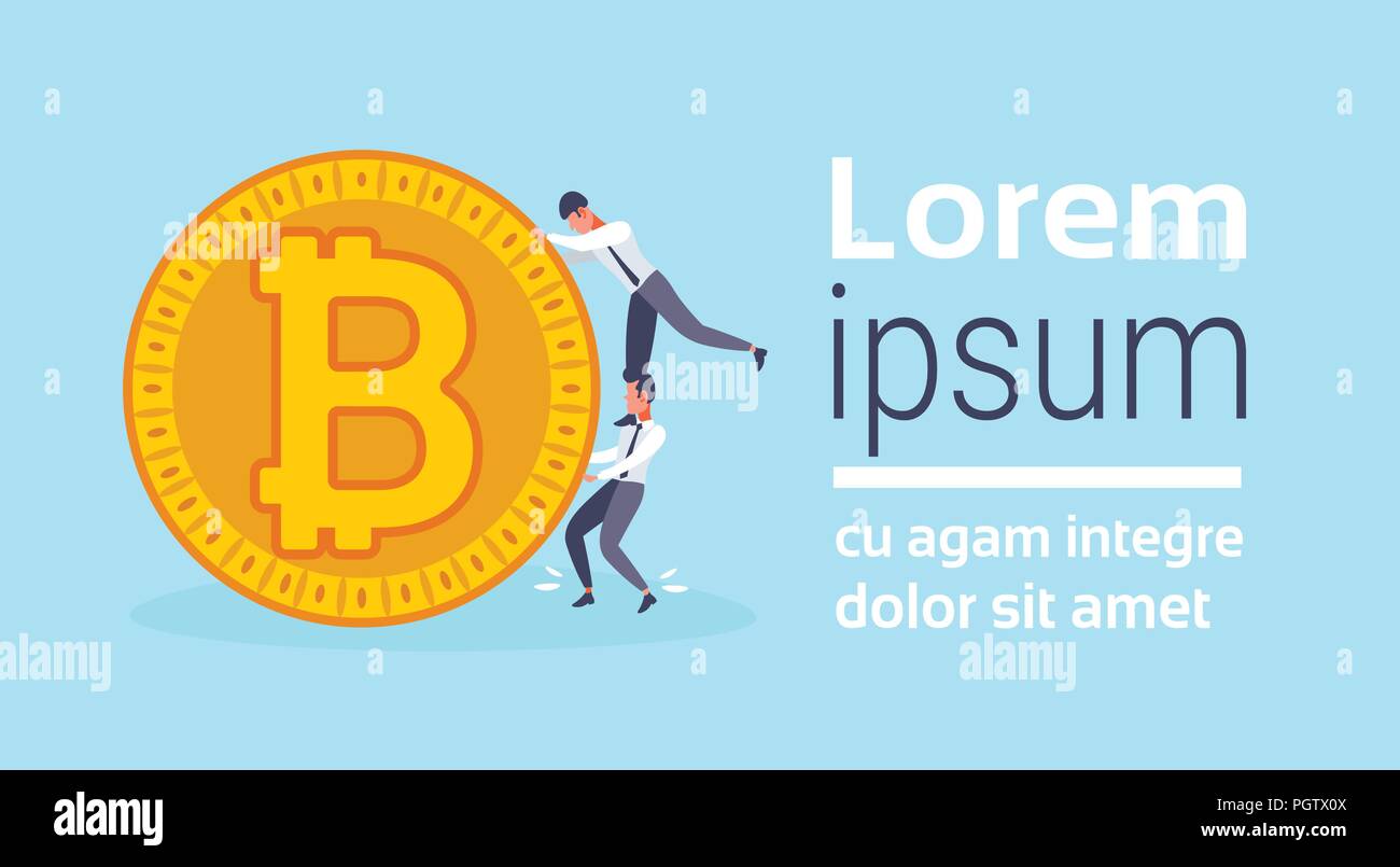 two businessmen pushing golden bitcoin crypto currency mining money ...