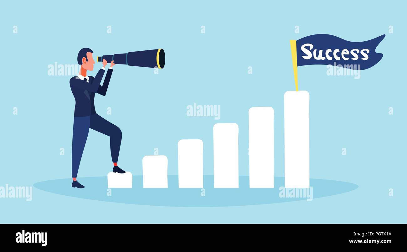 businessman looking binocular ladder business vision success flag ...