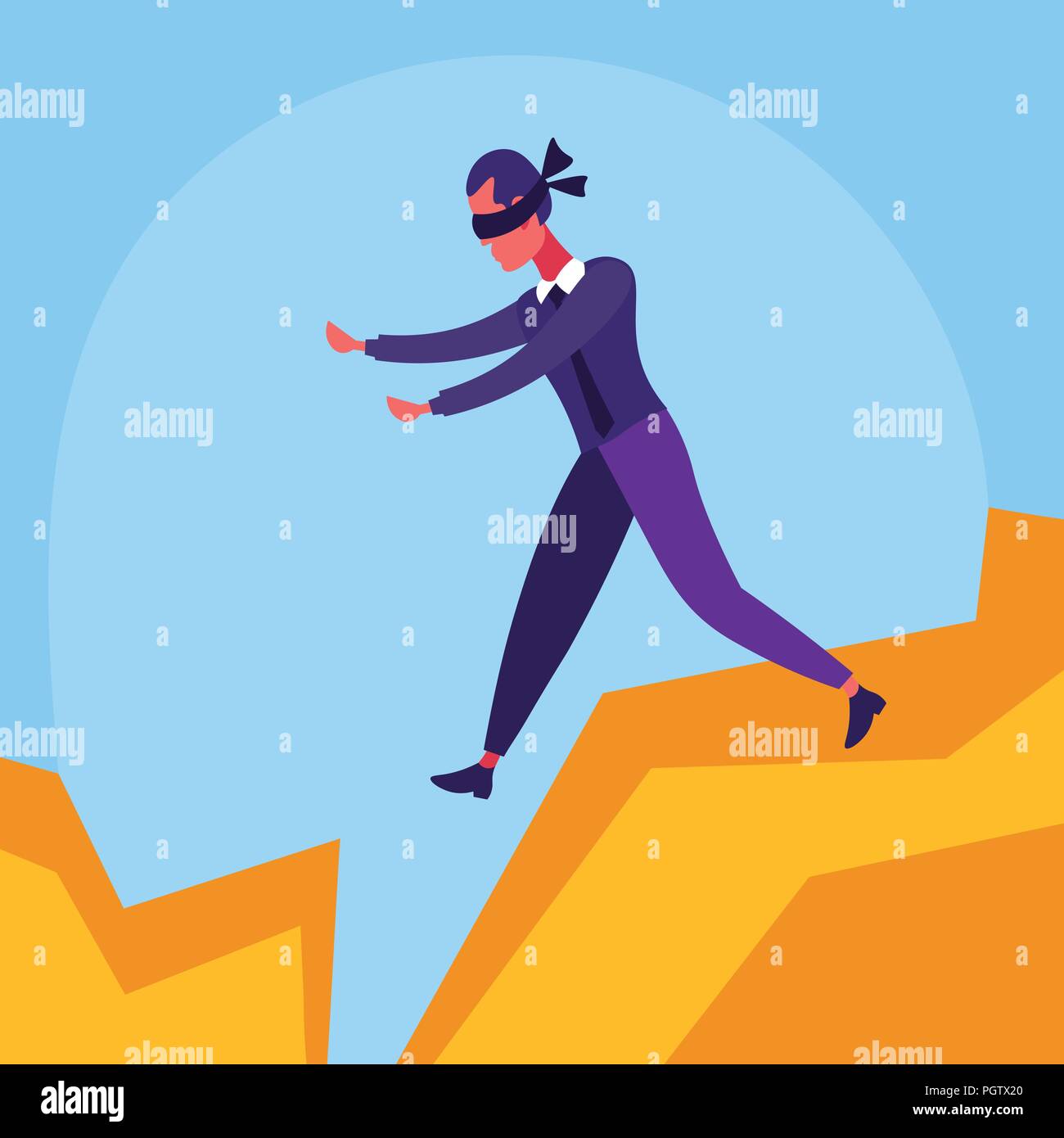 Businessman blindfolded walking abyss between mountains crisis risk ...