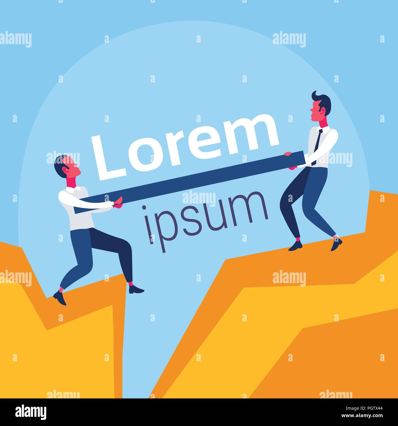 Two businessmen building bridge over cliff gap abyss mountain business people cooperation ...