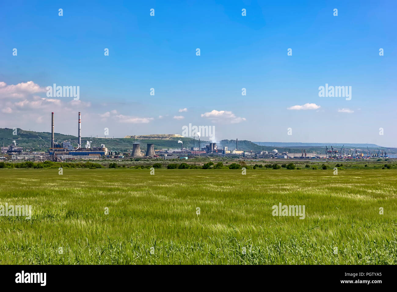 day view of a factory in the middle of a green rice field. Factory ...