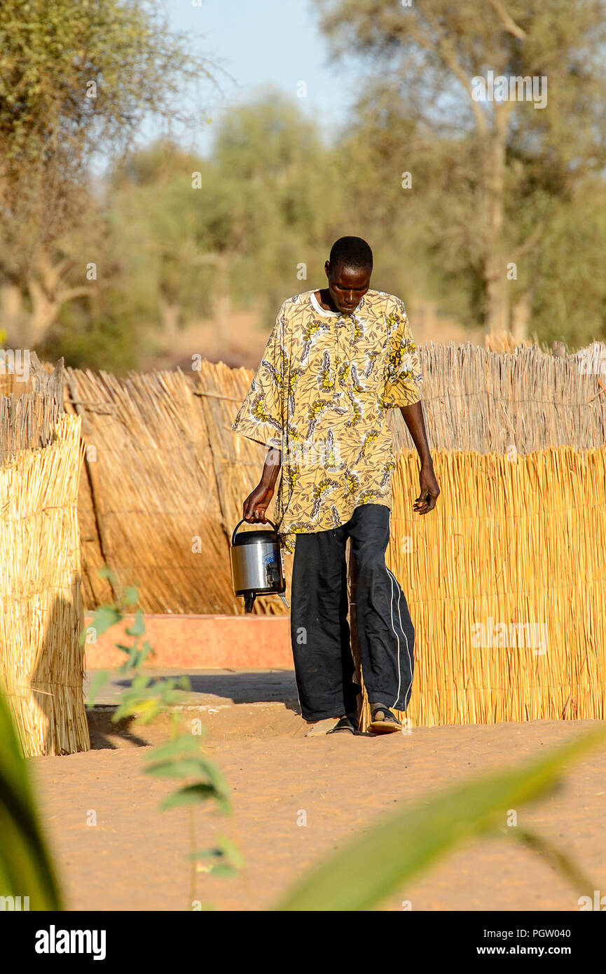 FERLO DESERT, SENEGAL - APR 25, 2017: Unidentified Fulani man carries a ...