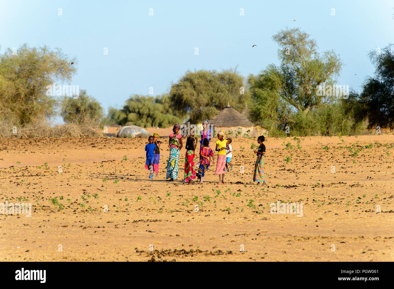 FERLO DESERT, SENEGAL - APR 25, 2017: Unidentified Fulani children play ...