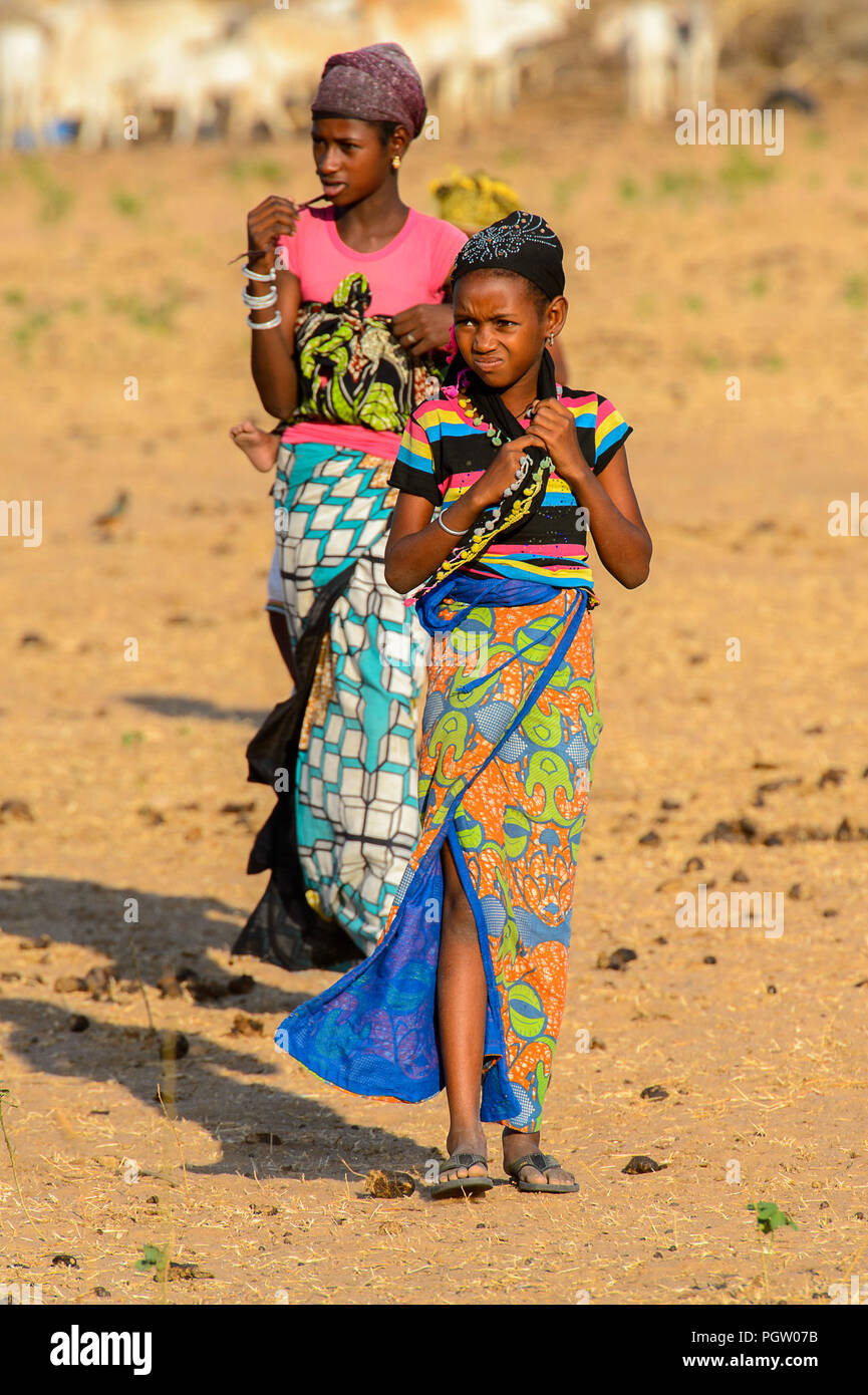 FERLO DESERT, SENEGAL - APR 25, 2017: Unidentified Fulani girls in ...