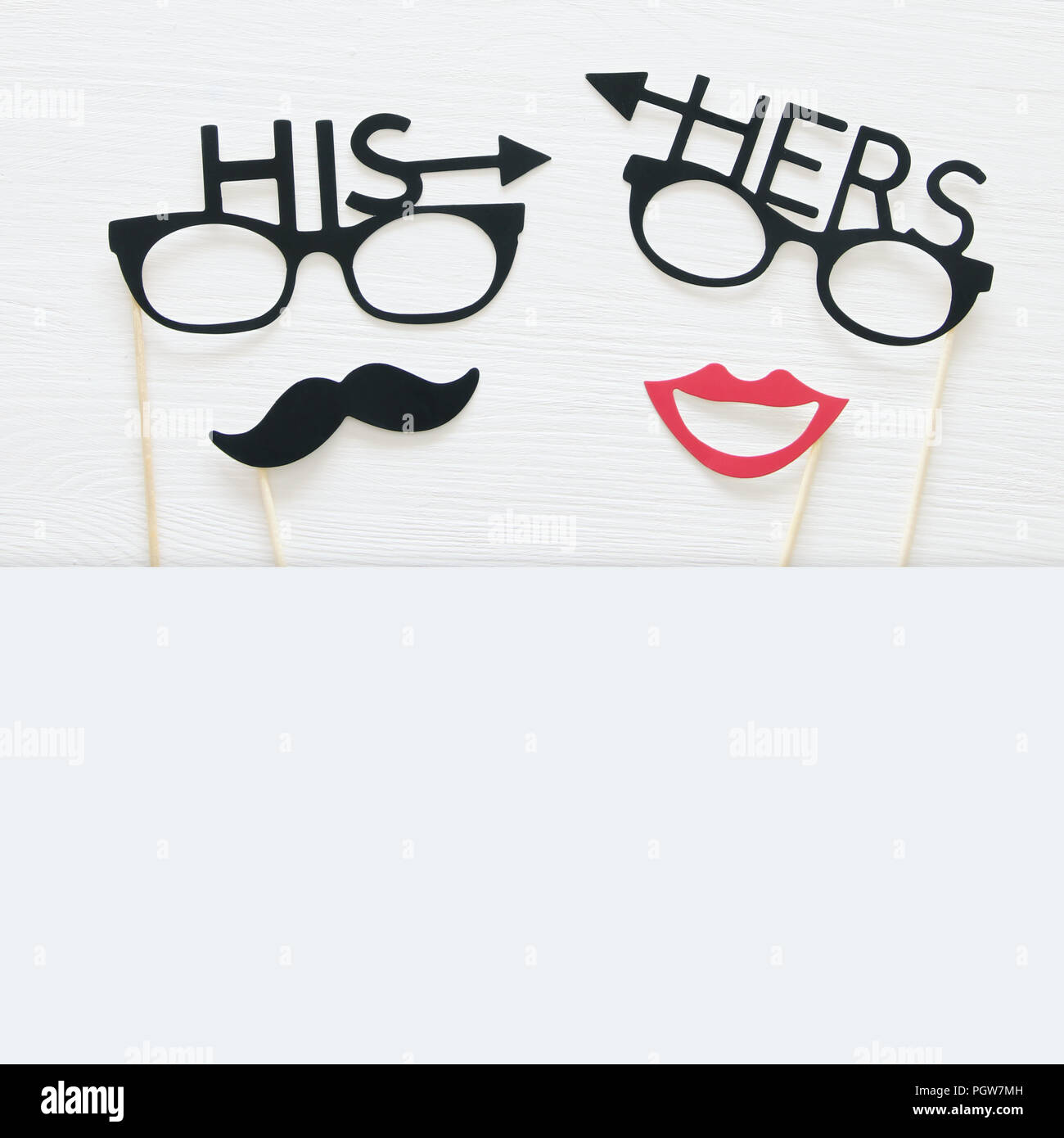 Top view image of funny photo booth props with text: HIS, HERS for ...