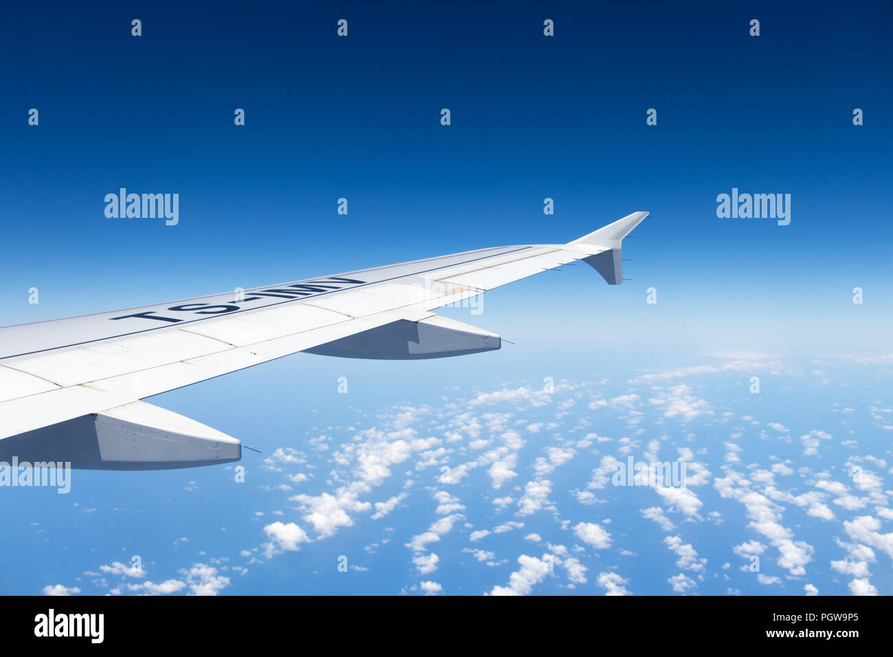 Aircraft Wing on blue sky background, Mediterranean Sea Stock Photo - Alamy