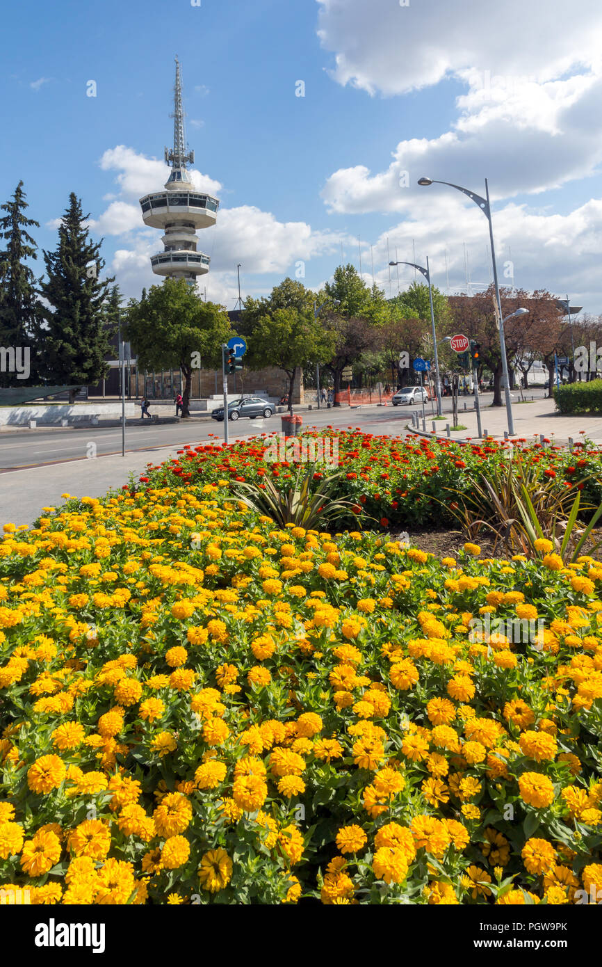 THESSALONIKI, GREECE - SEPTEMBER 30, 2017: OTE Tower and flowers in ...